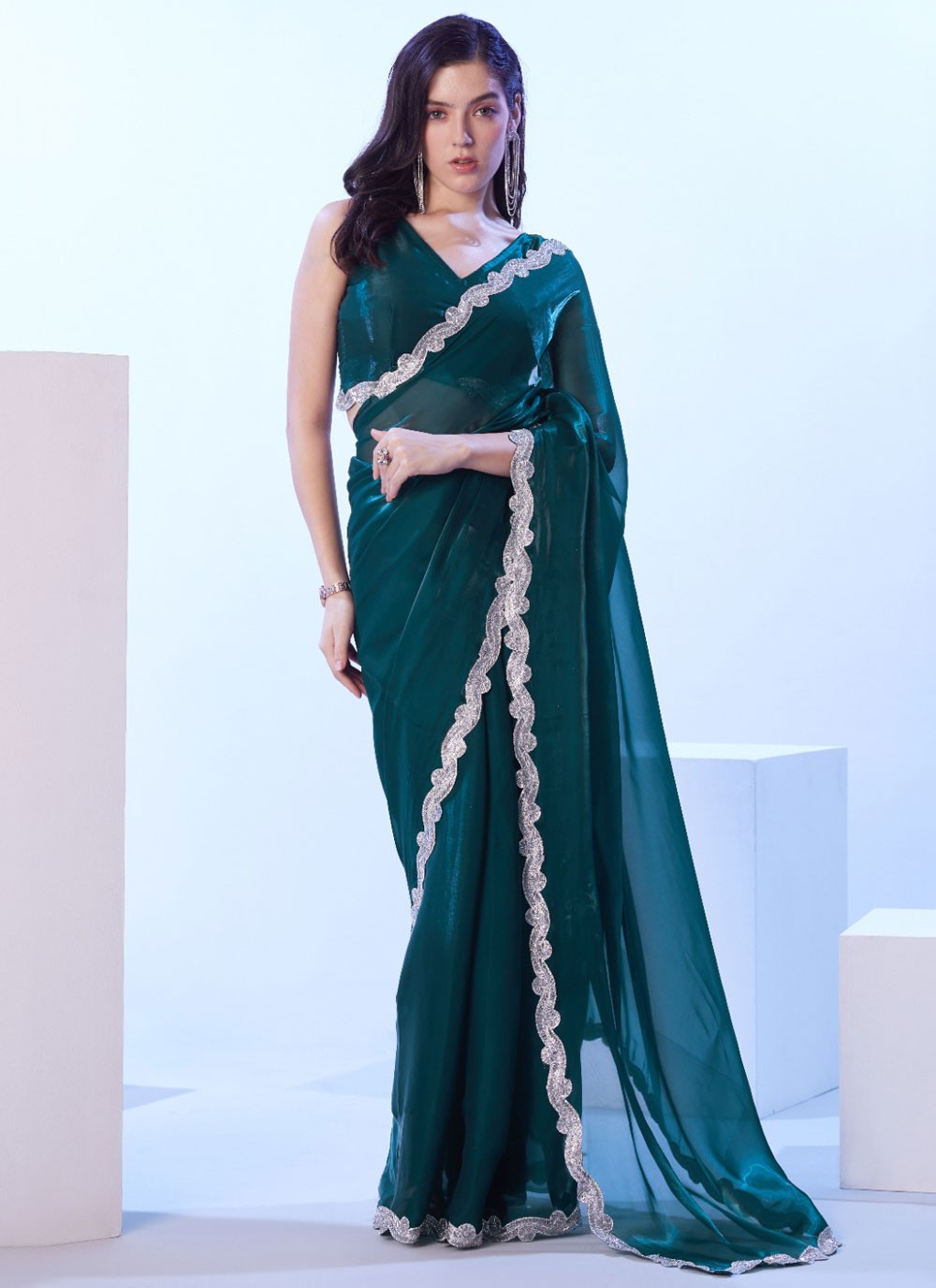 Classic Saree Border Work Green, Teal Jimmy Chu S12836 – Traditionally ...