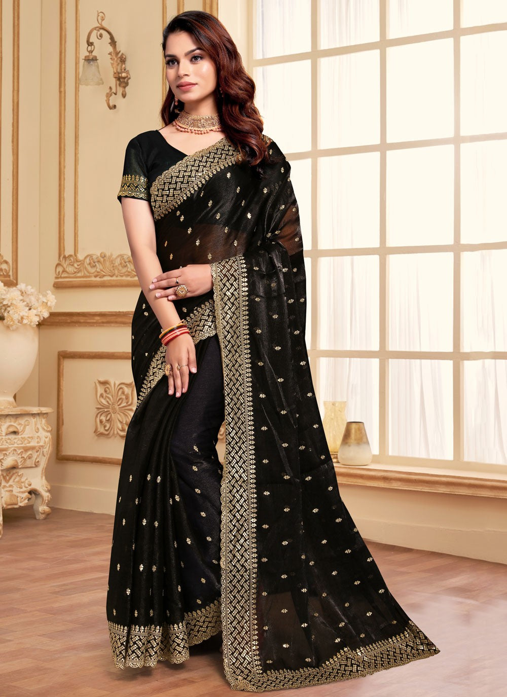 Classic Embroidered Jimmy Chu Black Saree - S8634 – Traditionally Styled