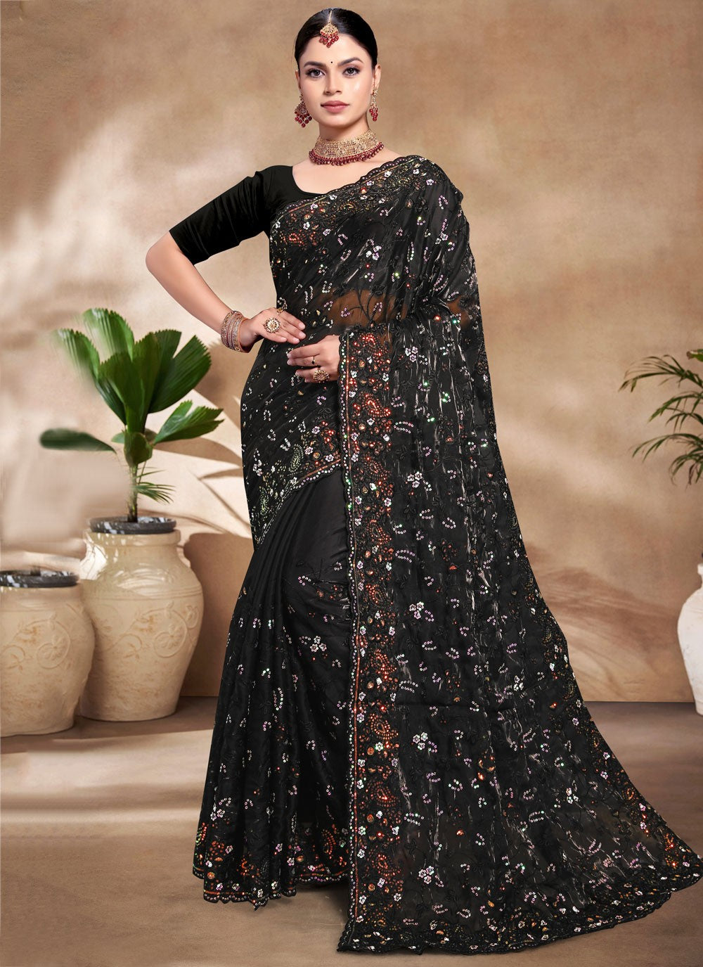 Classic Embroidered Jimmy Chu Black Saree - S8805 – Traditionally Styled